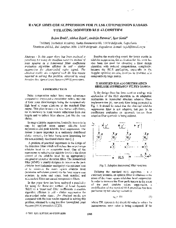 Pdf Range Sidelobe Suppression For Pulse Compression Radars Utilizing Modified Rls Algorithm
