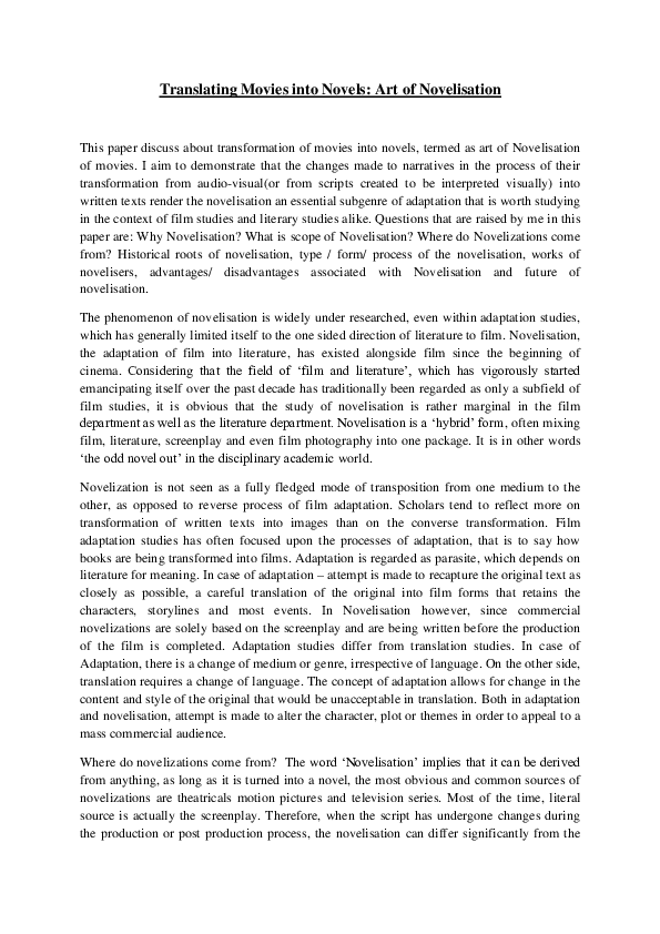 (PDF) Translating Movies into Novels : Art of Novelisation