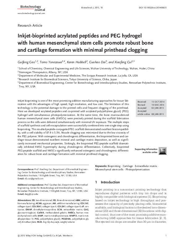 (PDF) Inkjet-bioprinted acrylated peptides and PEG hydrogel with human ...