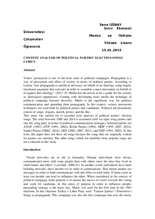 Content Analysis of Political Parties’ Election Songs Lyrics