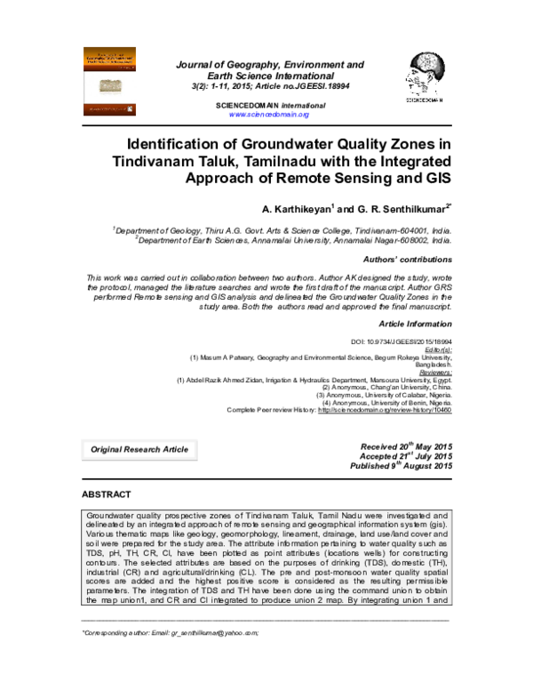 Pdf Identification Of Groundwater Quality Zones In Tindivanam Taluk