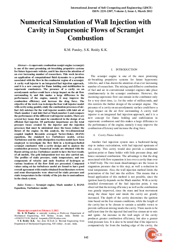 Pdf Numerical Simulation Of Wall Injection With Cavity In Supersonic Flows Of Scramjet Combustion