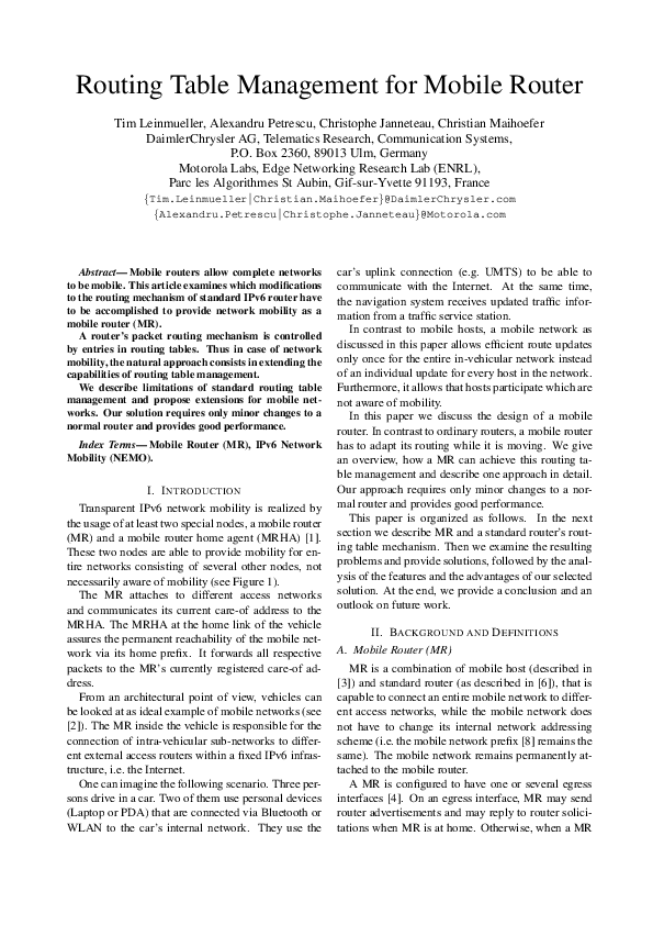 (PDF) Routing Table Management for Mobile Router | Christophe Janneteau ...