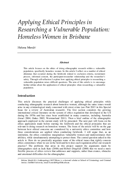 (PDF) Applying Ethical Principles in Researching a Vulnerable ...