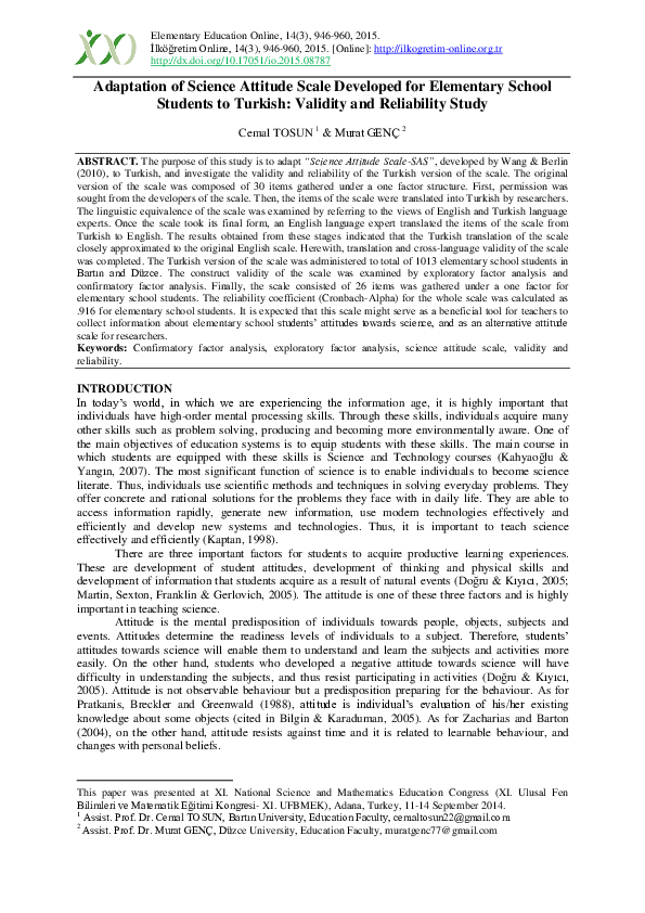 (PDF) Adaptation of Science Attitude Scale Developed for Elementary ...