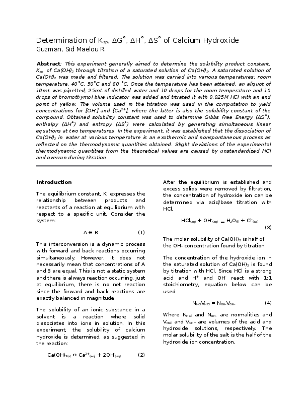 (DOC) Determination of Thermodynamic Quantities using calcium hydroxide