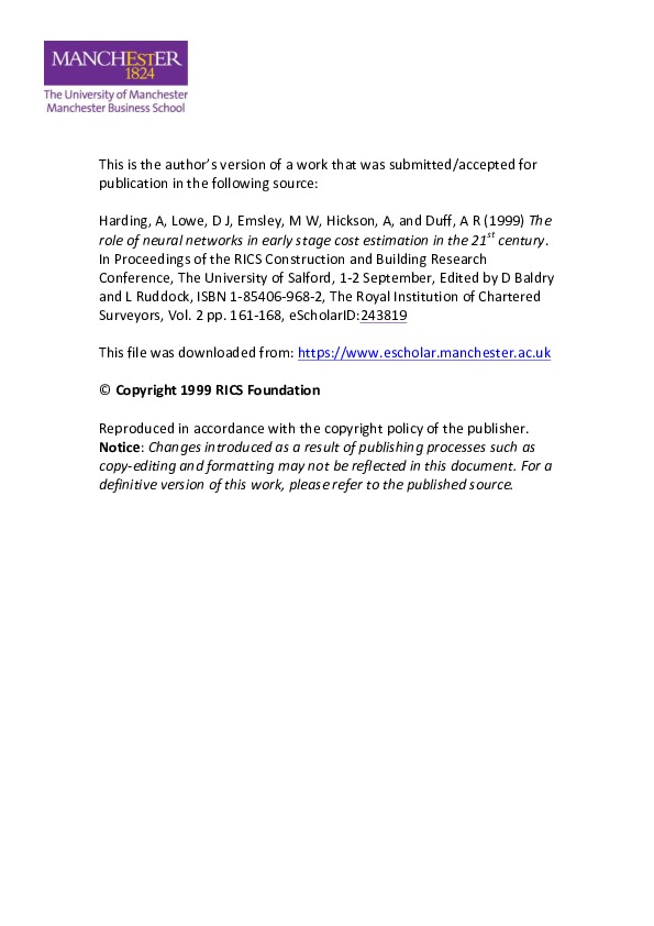 The Role Of Neural Networks In Early Stage Cost Estimation In The 21st Century