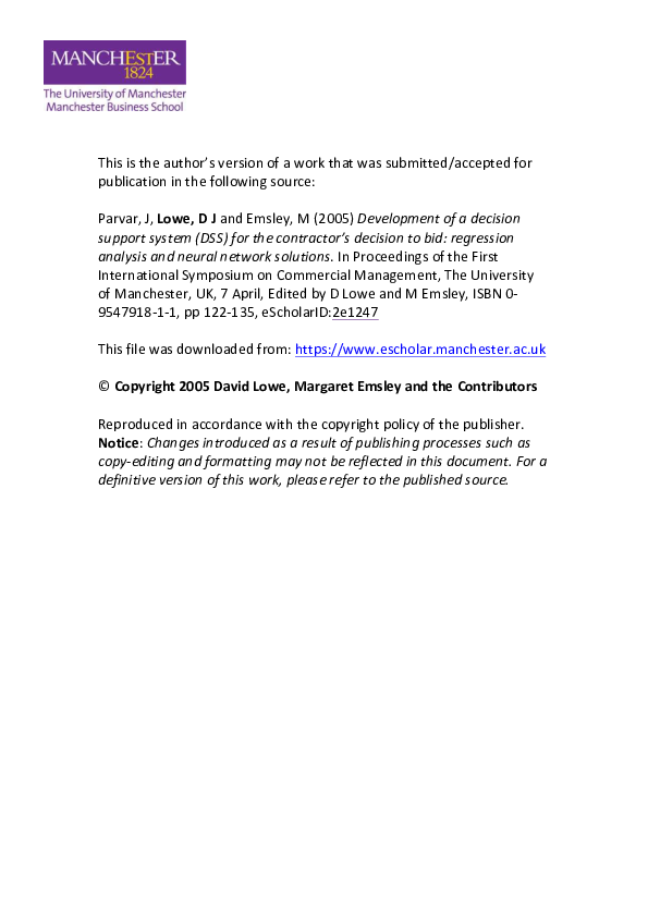 Pdf Development Of A Decision Support System Dss For The Contractors Decision To Bid