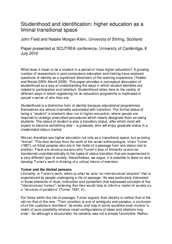 (PDF) Studenthood and identification: higher education as a liminal ...