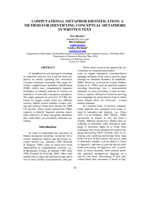 Pdf Computational Metaphor Identification A Method For Identifying Conceptual Metaphors In