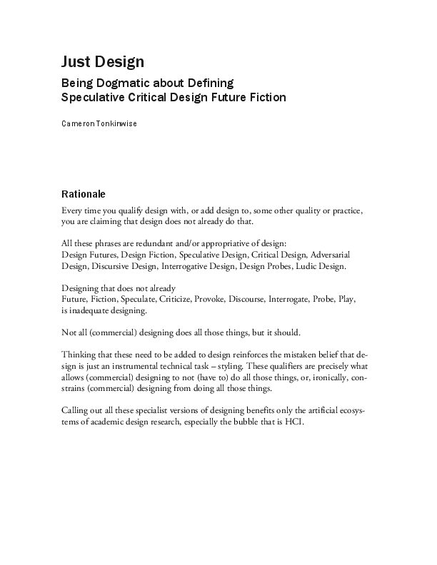 Just Design: Being Dogmatic about Defining Speculative Critical Design ...