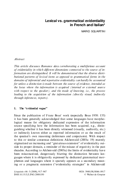 (PDF) Lexical vs. grammatical evidentiality in French and Italian
