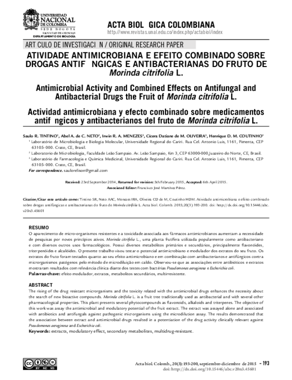 (PDF) ATIVIDADE ANTIMICROBIANA E EFEITO COMBINADO SOBRE DROGAS ANTIFÚNGICAS E ANTIBACTERIANAS DO ...