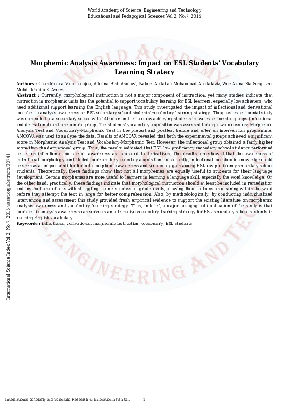 (PDF) Morphemic Analysis Awareness: Impact on ESL Students' Vocabulary ...