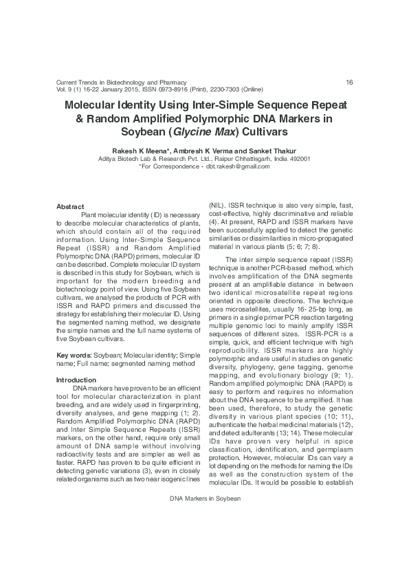 Pdf Molecular Identity Using Inter Simple Sequence Repeat And Random