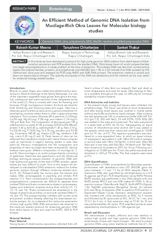Pdf An Efficient Method Of Genomic Dna Isolation From Mucilage Rich Okra Leaves For Molecular