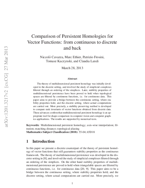 (PDF) Comparison of persistent homologies for vector functions: From continuous to discrete and back
