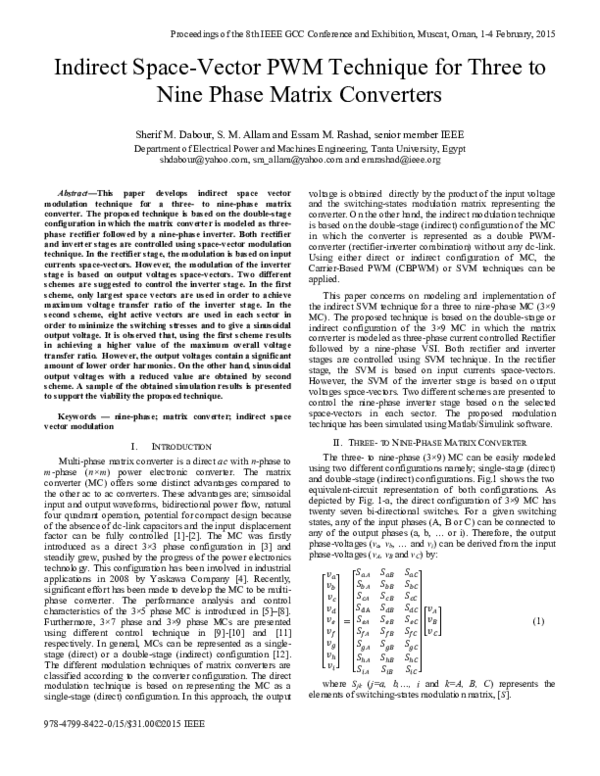 Pdf Indirect Space Vector Pwm Technique For Three To Nine Phase Matrix Converters