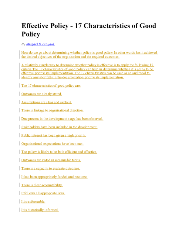 (DOC) Characteristics of good and Effective policy