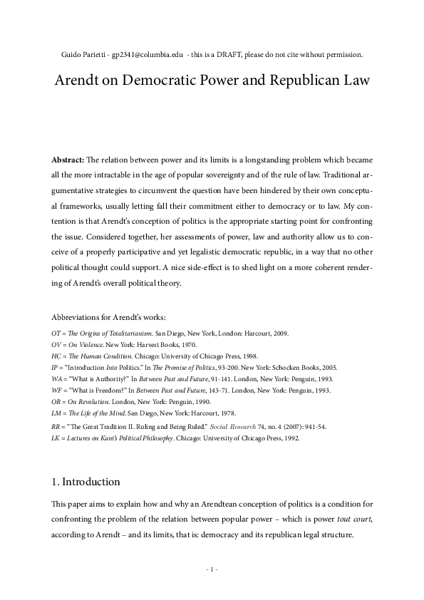 (PDF) Arendt on Democratic Power and Republican Law (paper presented at ...