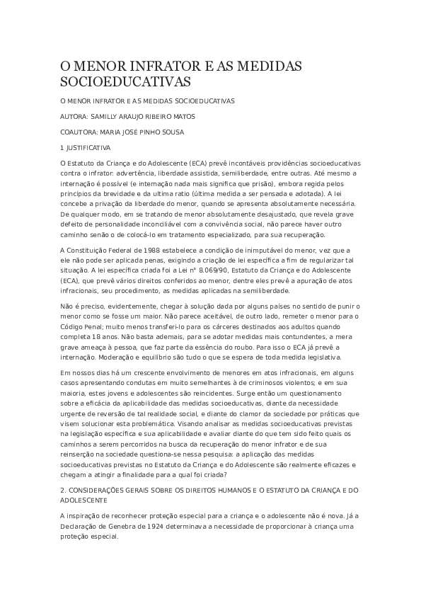 (DOC) O MENOR INFRATOR E AS MEDIDAS SOCIOEDUCATIVAS