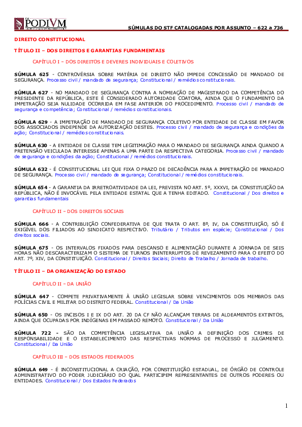 (PDF) SÚMULAS DO STF CATALOGADAS POR ASSUNTO – 622 a 736 DIREITO CONSTITUCIONAL TÍTULO II – DOS ...