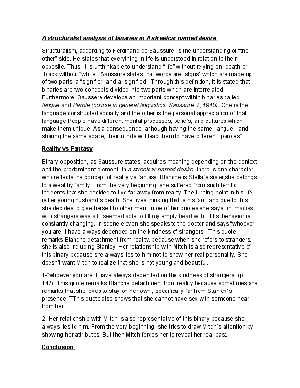 (DOC) A structuralist analysis of binaries in A streetcar named desire