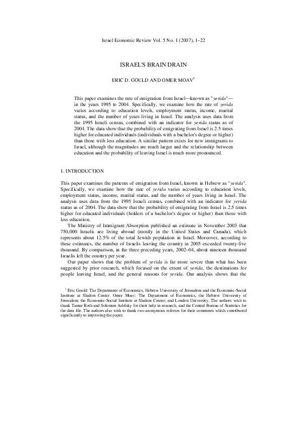 (PDF) ISRAEL'S BRAIN DRAIN | Omer Moav and Eric Gould - Academia.edu