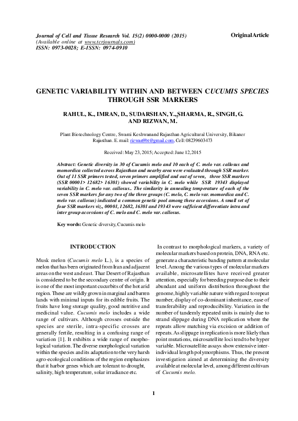 (PDF) ssr marker analysis for cucumis spp.