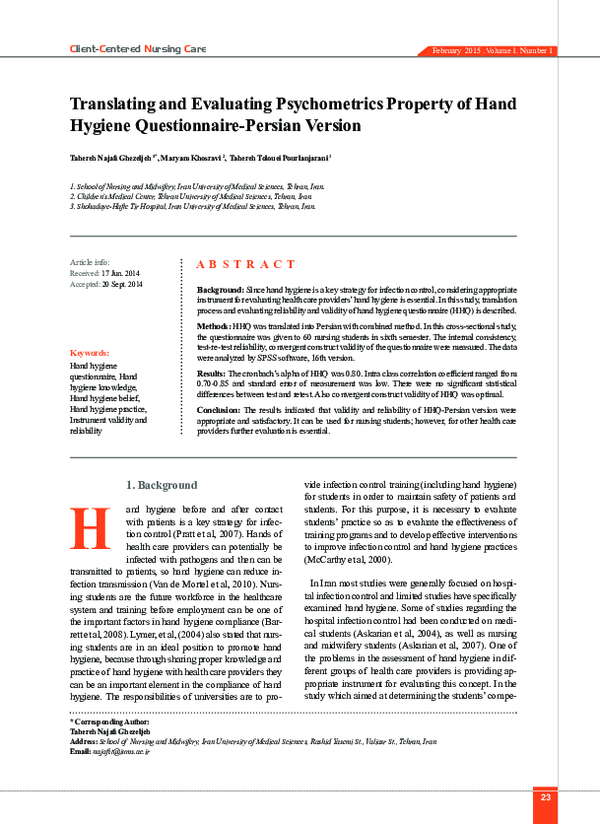 (PDF) Translating and Evaluating Psychometrics Property of Hand Hygiene ...