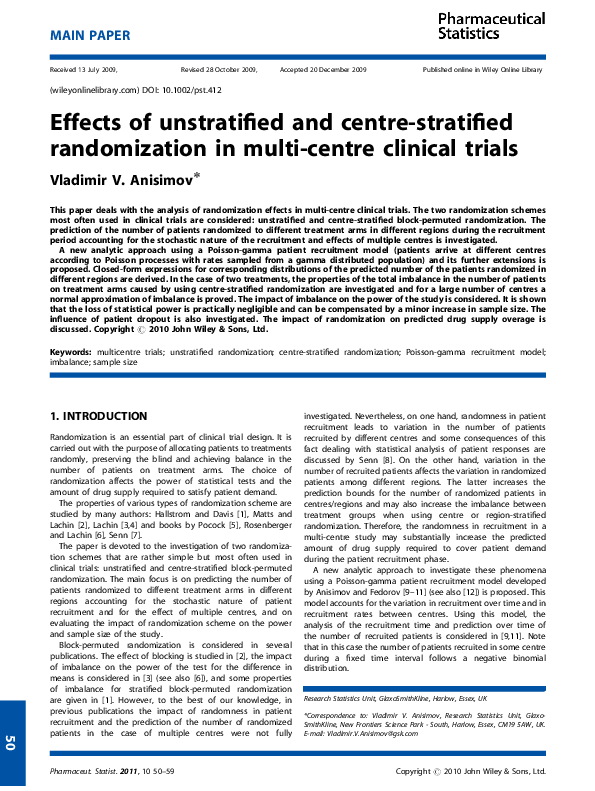 (PDF) Effects of unstratified and centre-stratified randomization in ...