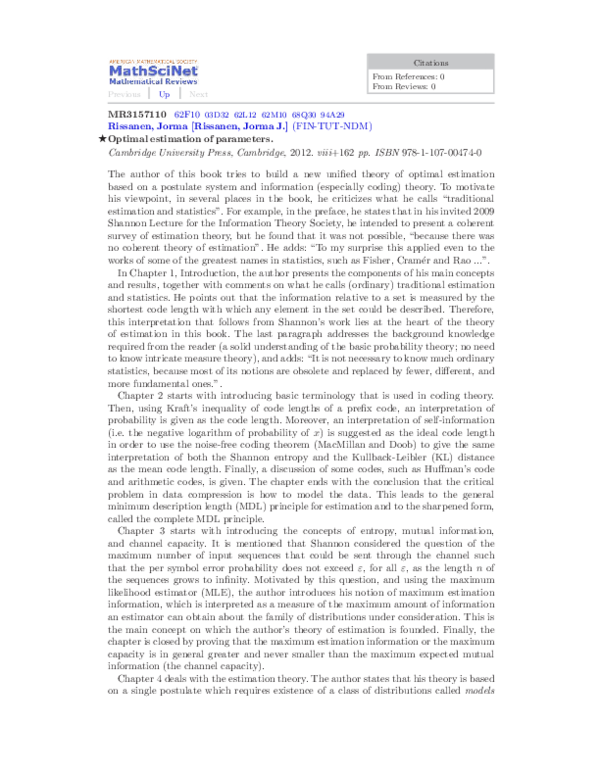 (PDF) Optimal estimation of parameters (Book Review)