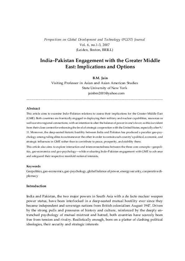 (PDF) India–Pakistan Engagement with the Greater Middle East