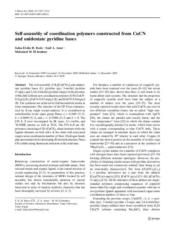 (PDF) Self-assembly of coordination polymers constructed from CuCN and unidentate pyridine bases ...