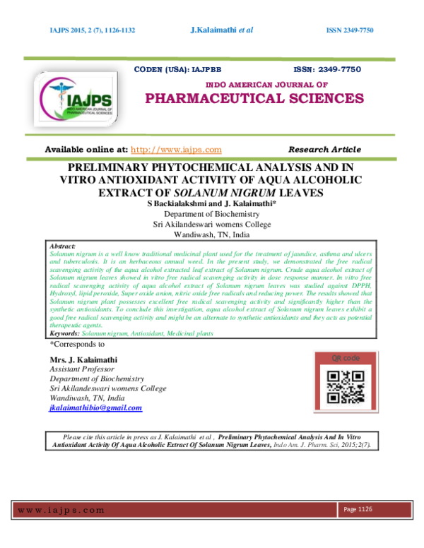 (PDF) PRELIMINARY PHYTOCHEMICAL ANALYSIS AND IN VITRO ANTIOXIDANT ACTIVITY OF AQUA ALCOHOLIC ...