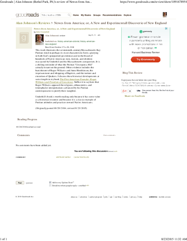 (PDF) Review of John Underhill, Newes from America (1638)