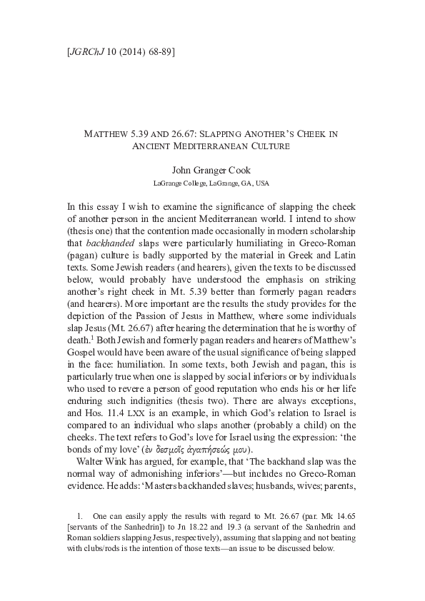 (PDF) Matthew 5.39 and 26.67: Slapping Another's Cheek in Ancient ...