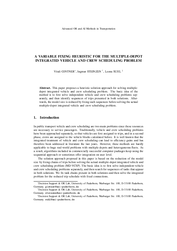 Pdf A Variable Fixing Heuristic For The Multiple Depot Integrated Vehicle And Crew Scheduling