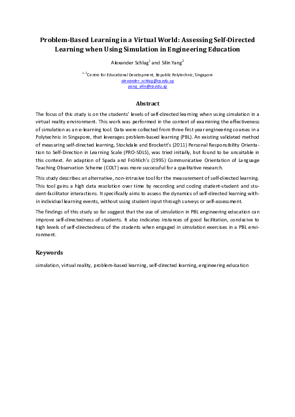 (PDF) Problem-Based Learning in a Virtual World: Assessing Self-Directed Learning when Using ...