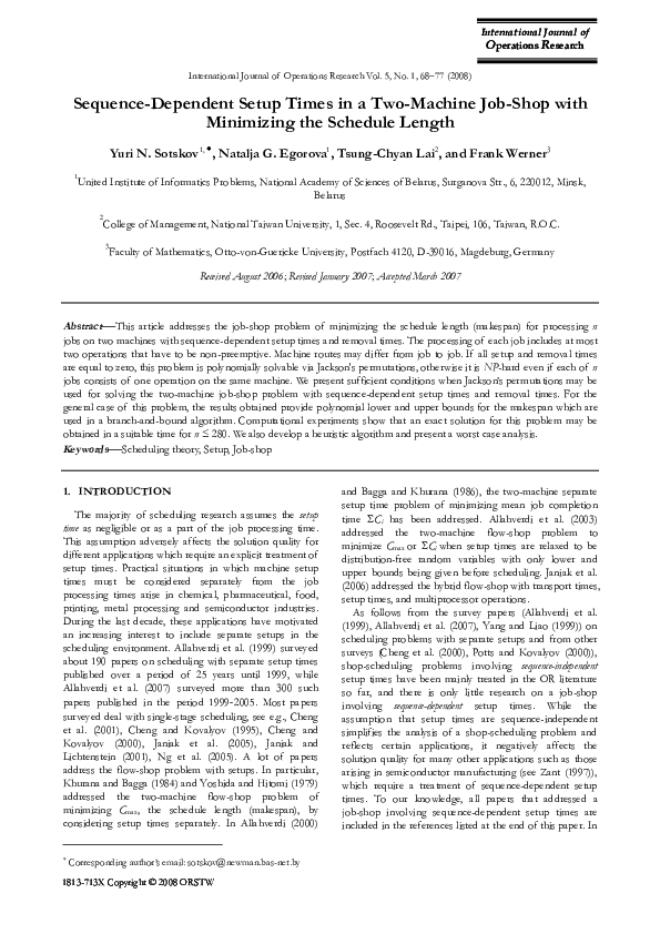 Pdf Sequence Dependent Setup Times In A Two Machine Job Shop With Minimizing The Schedule Length