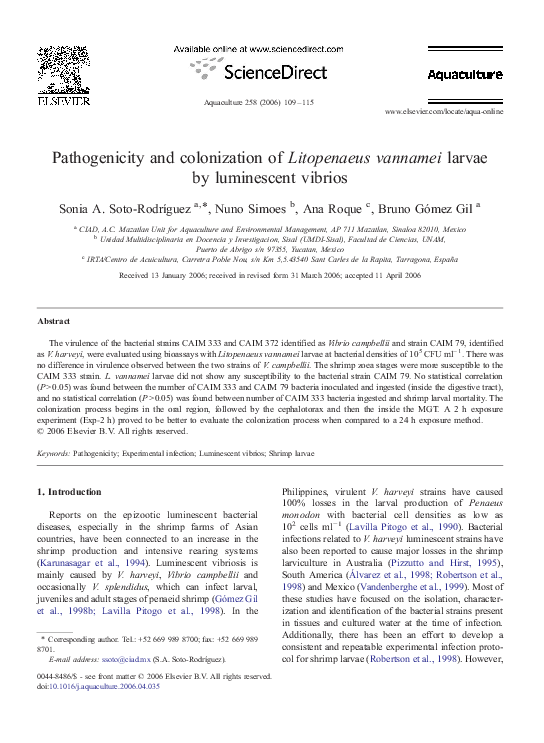 (PDF) Pathogenicity and colonization of Litopenaeus vannamei larvae by luminescent vibrios