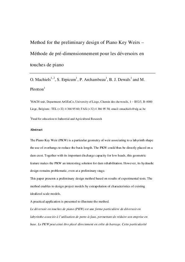 (PDF) Method for the preliminary design of Piano Key Weirs – Méthode de ...