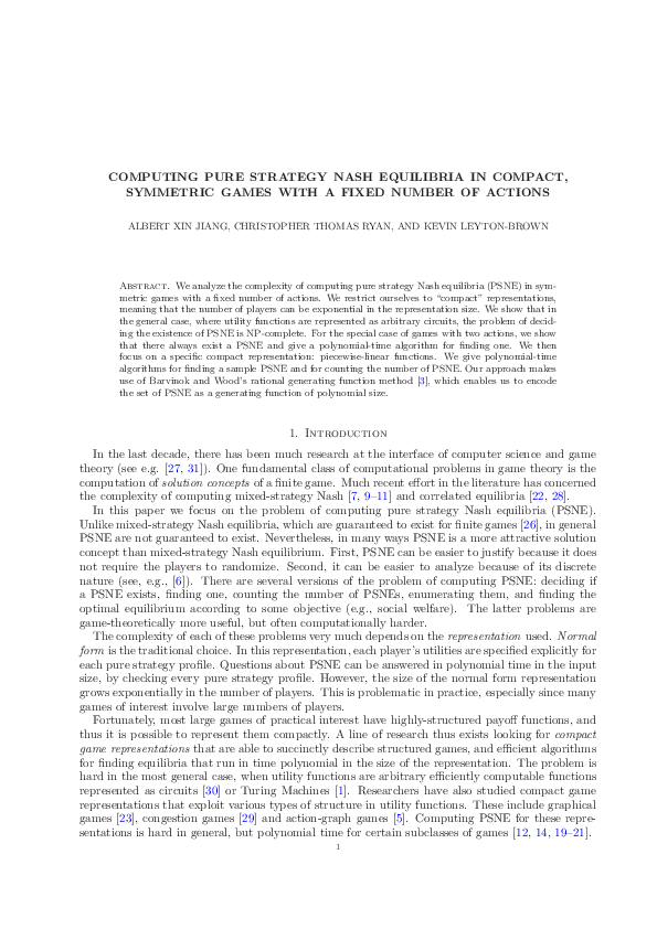 (PDF) COMPUTING PURE STRATEGY NASH EQUILIBRIA IN COMPACT, SYMMETRIC GAMES WITH A FIXED NUMBER OF ...
