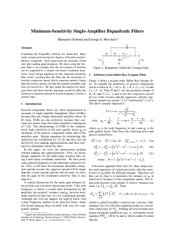 (PDF) Minimum-Sensitivity Single-Amplifier Biquadratic Filters