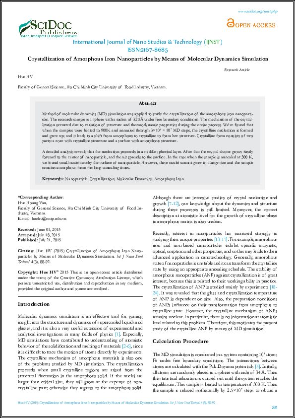 Pdf Crystallization Of Amorphous Iron Nanoparticles By Means Of Molecular Dynamics Simulation