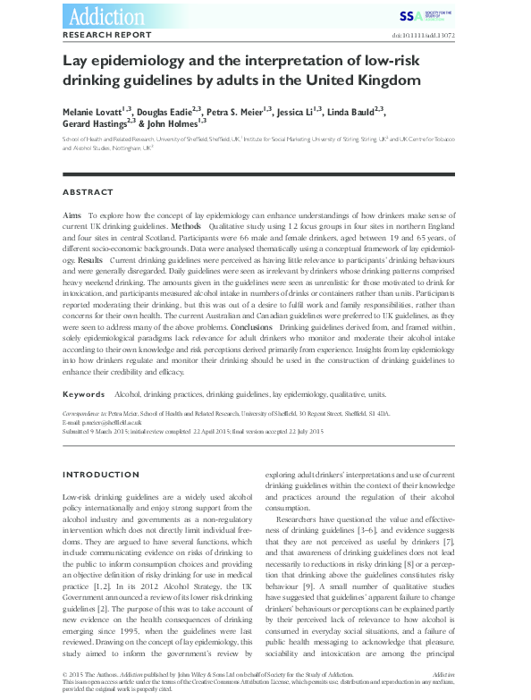 (PDF) Lay epidemiology and the interpretation of low risk drinking ...