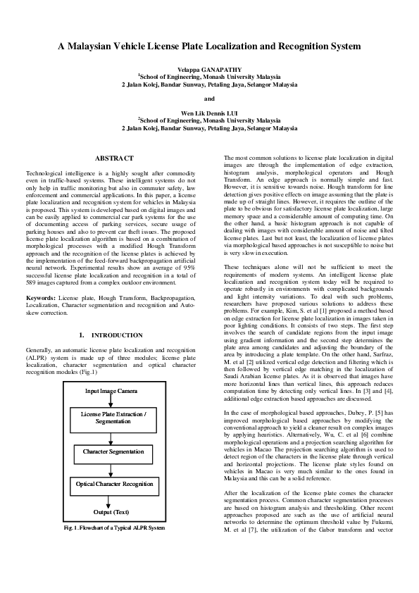 (PDF) A Malaysian Vehicle License Plate Localization and Recognition System | Velappa Ganapathy ...