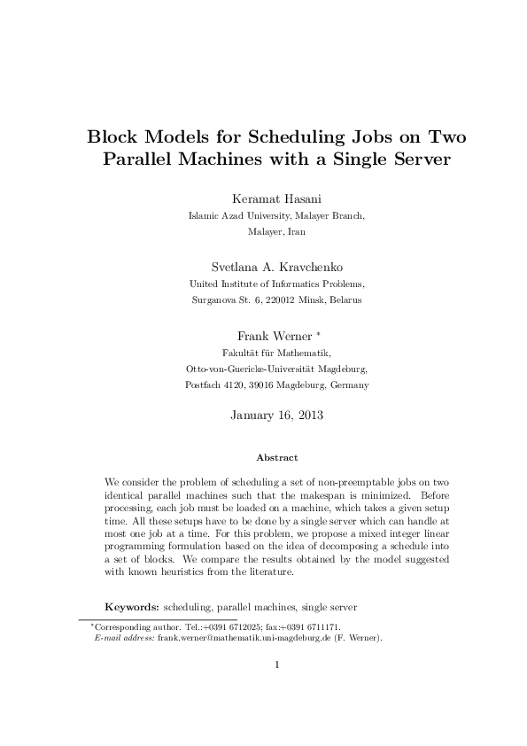 Block models for scheduling jobs on two parallel machines with a single ...