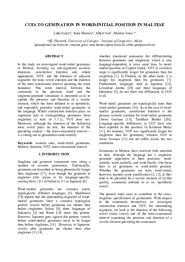 (PDF) Cues to Gemination in word-initial position in Maltese