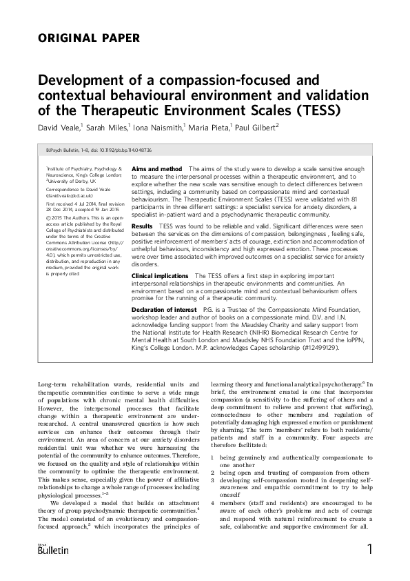 (PDF) Development of a Compassion Focused and Contextual Behavioural Environment and validation ...